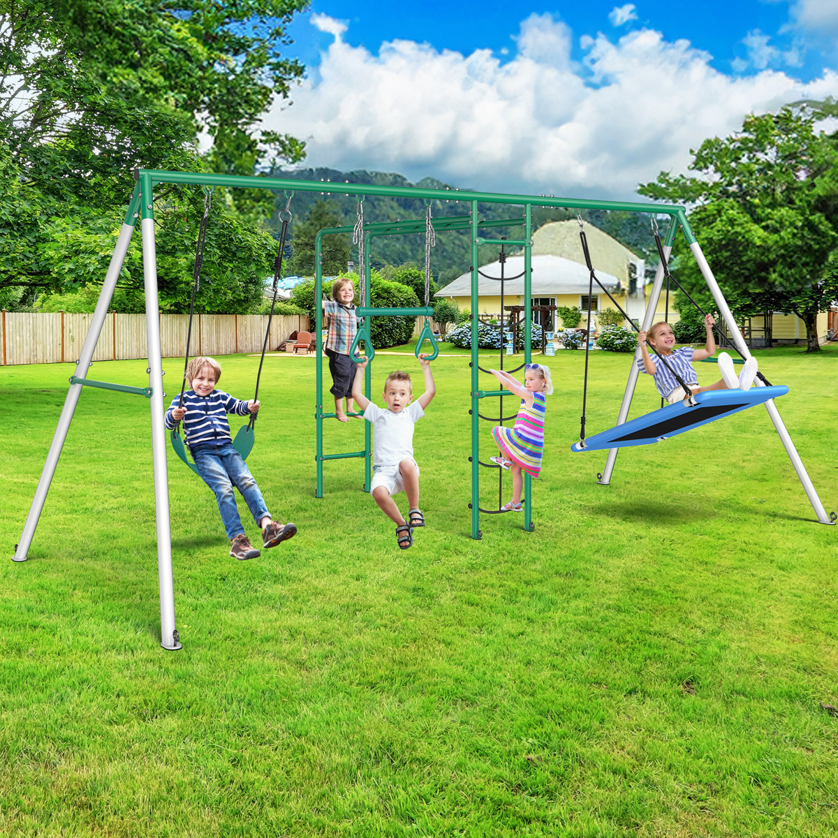 Klo Kick Swing Sets For Backyard With Monkey Bars, Belt Swing, Platform Swing, Climbing Net ...
